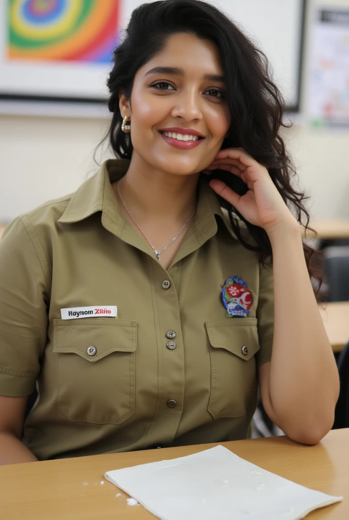 Close up photo of 25 years old kiara in a classroom, swooping breasts ...