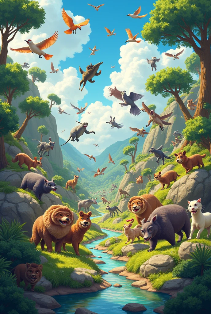 Give me a 2D scene where there are a lot of different animals ...