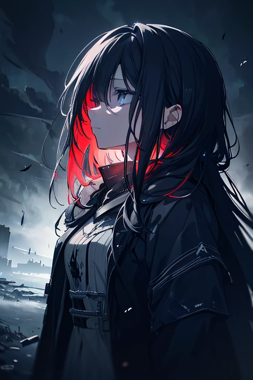 A girl leaving a dark oppressive environment, dramatic sky, cinematic ...