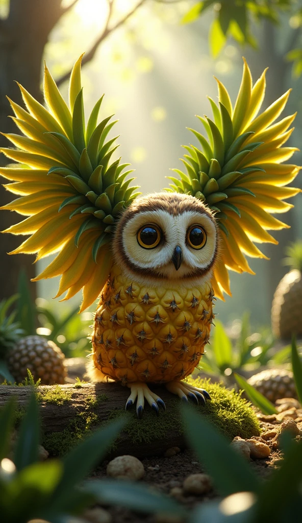 "Create a creative digital art composition titled 'Owl + Pineapple ...
