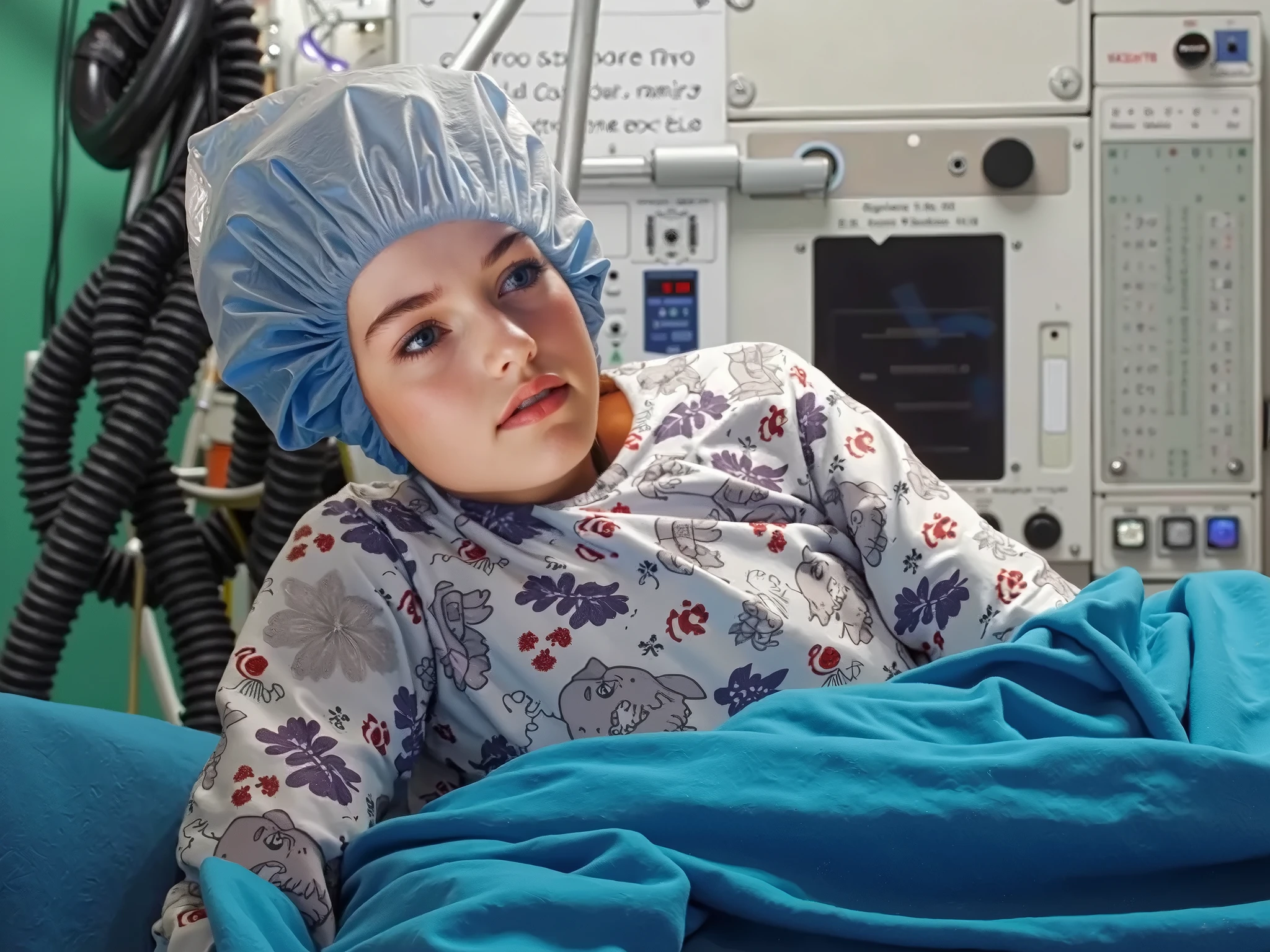 There is a young girl in a hospital gown laying in a bed - SeaArt AI