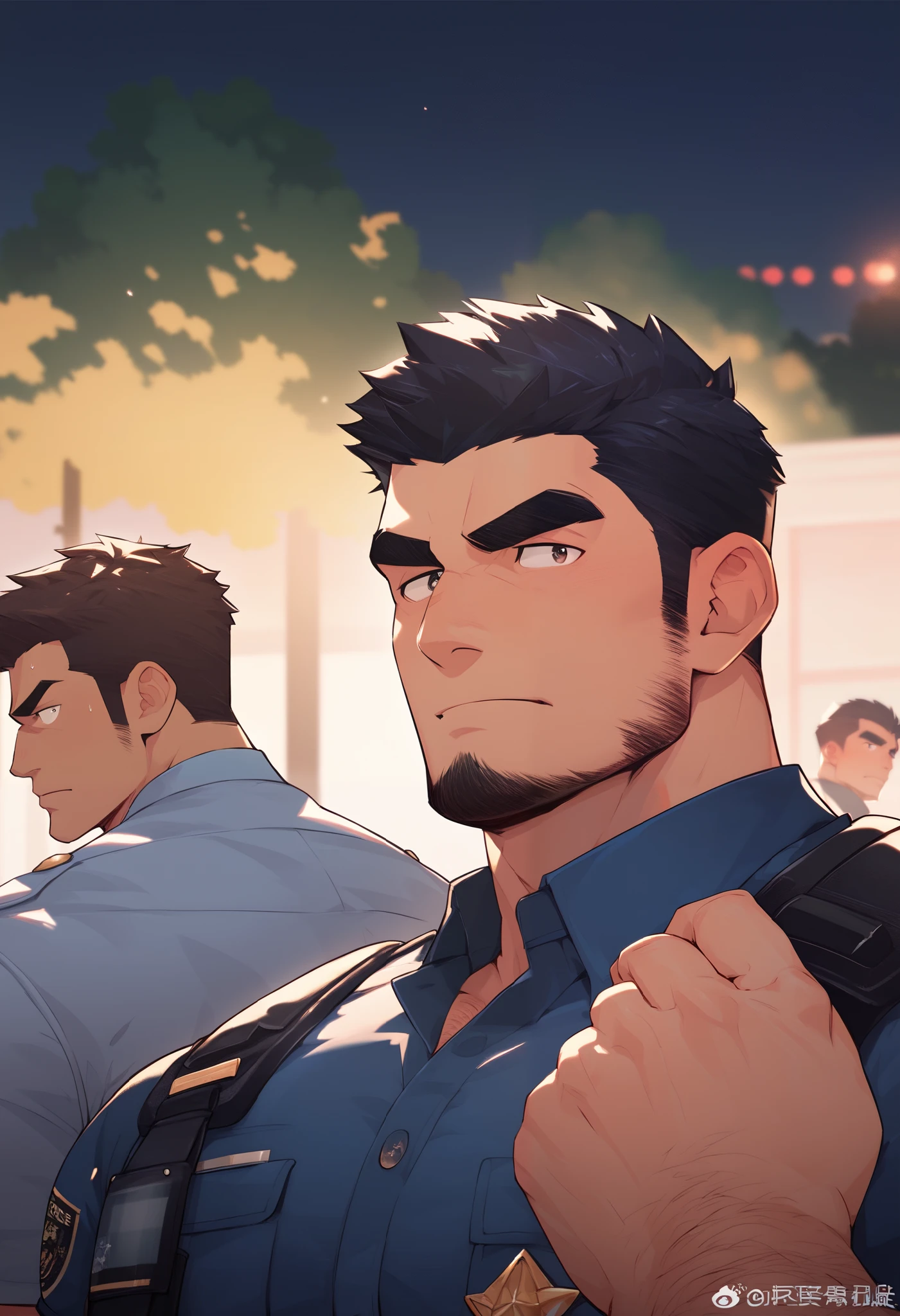Anime characters in uniform standing in a line with a police officer ...