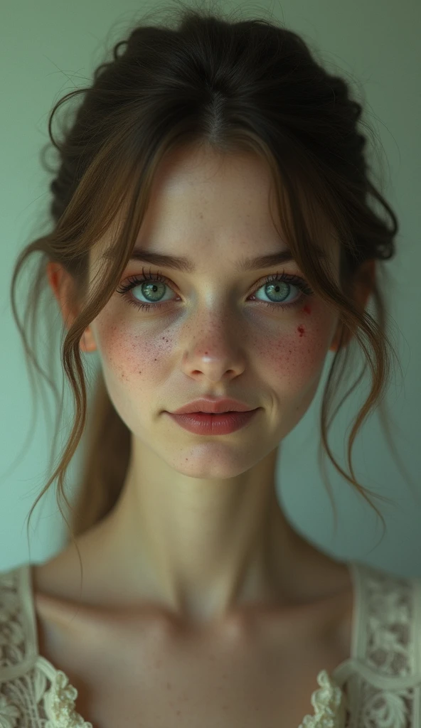 A young woman with European features, light brown hair neatly tied back ...