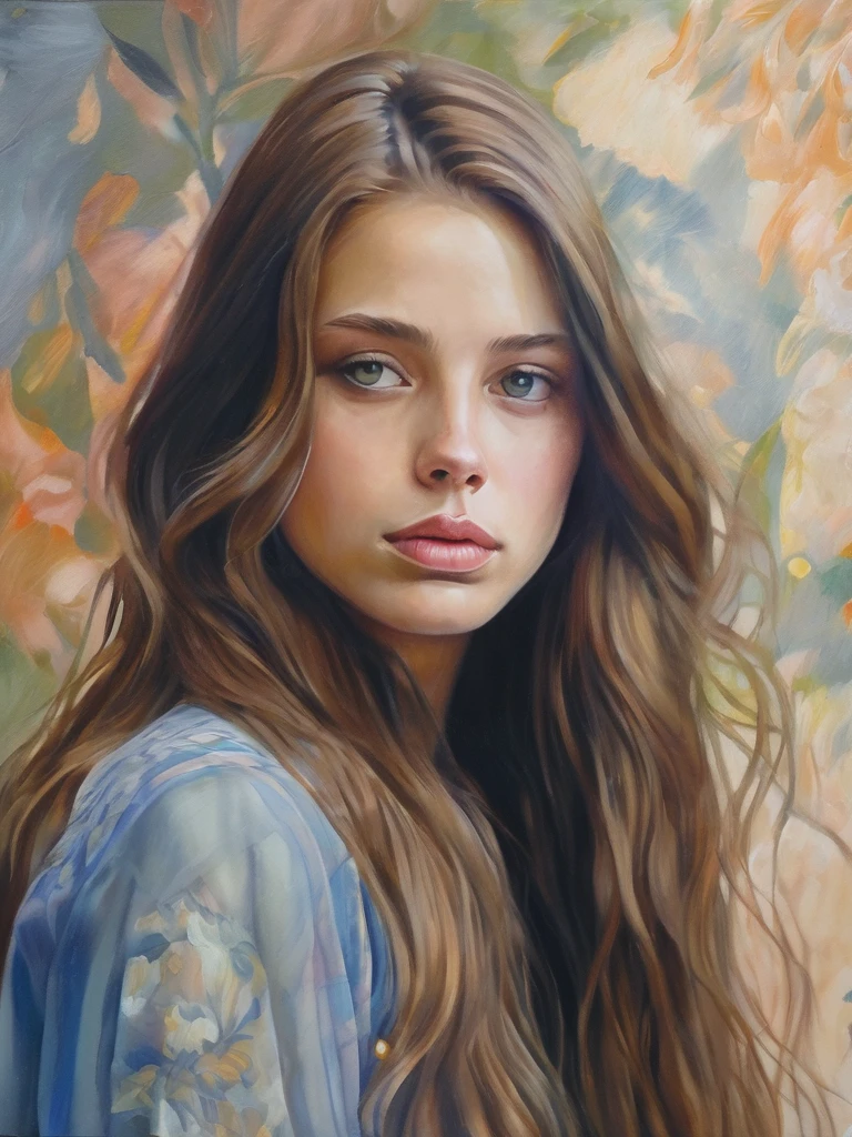 Top quality, beautiful tempera painting of one girl with long hair ...