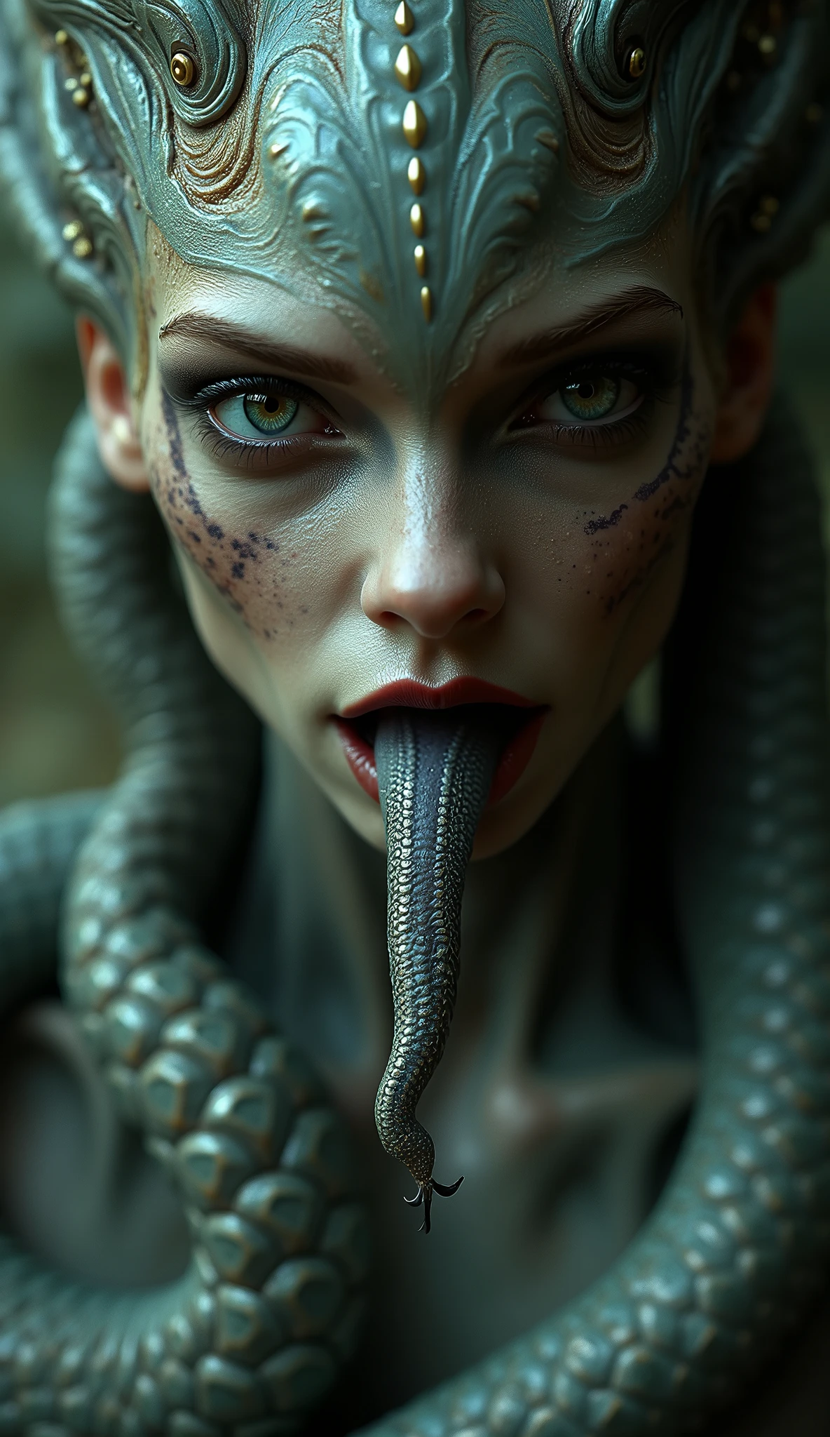 A close up of a woman with a snake on her tongue - SeaArt AI