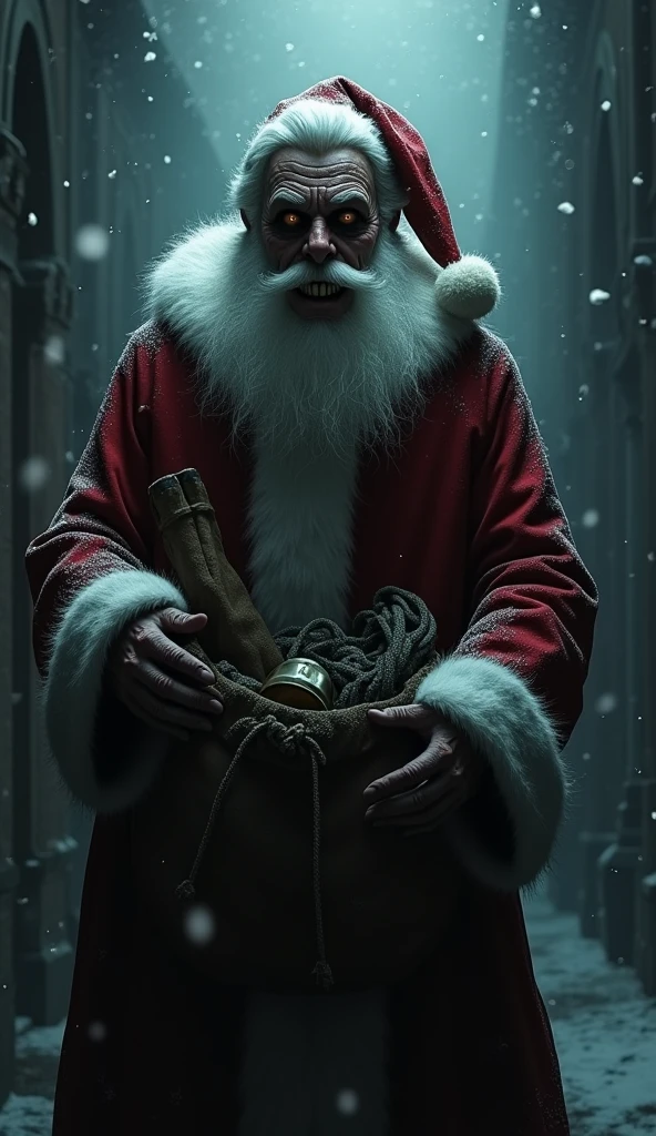 A dark scene of a macabre Santa Claus holding a big red bag - SeaArt AI