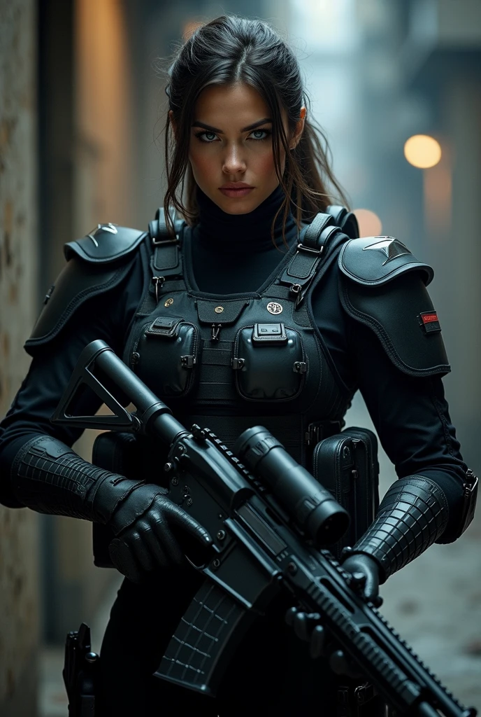 A senior swat girl with a big pump in black protective armor in her ...