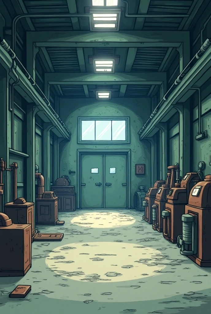 Inside an empty factory, Stylized, undersaturated colors, cartoon style ...