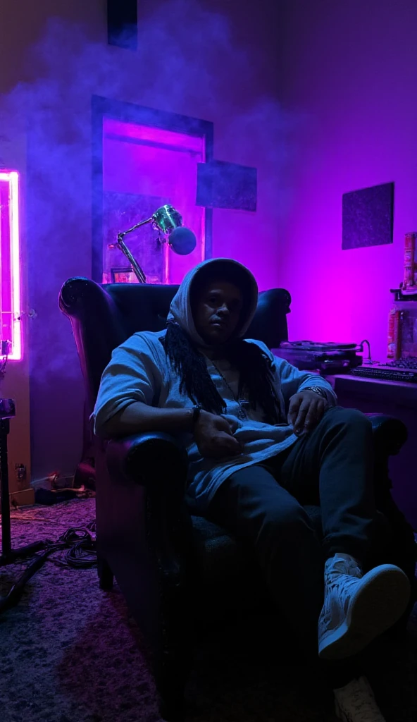 Create an image of a, rapper in his recording studio smoking and does ...