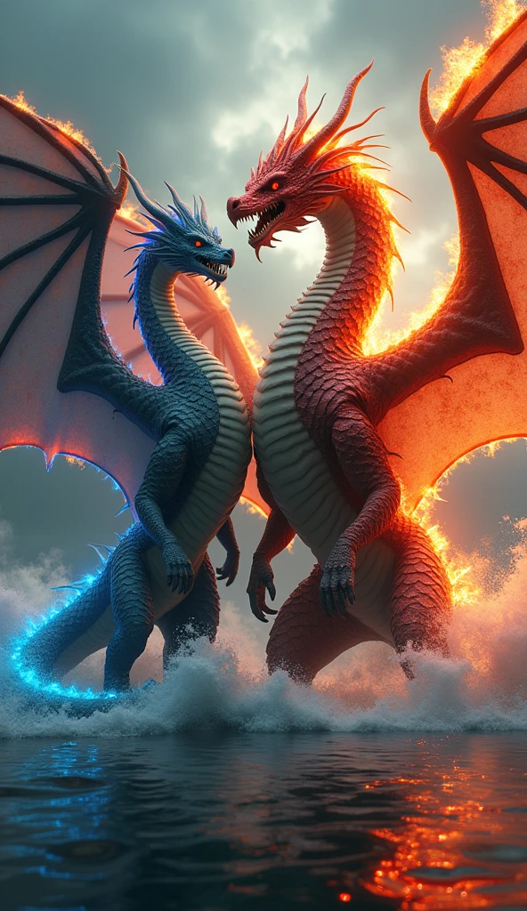 Generate an ultra-realistic 18K image of two colossal mythical ...