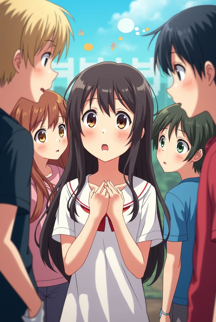 A girl asking a question to 2 two boys and 3 girls, anime - SeaArt AI