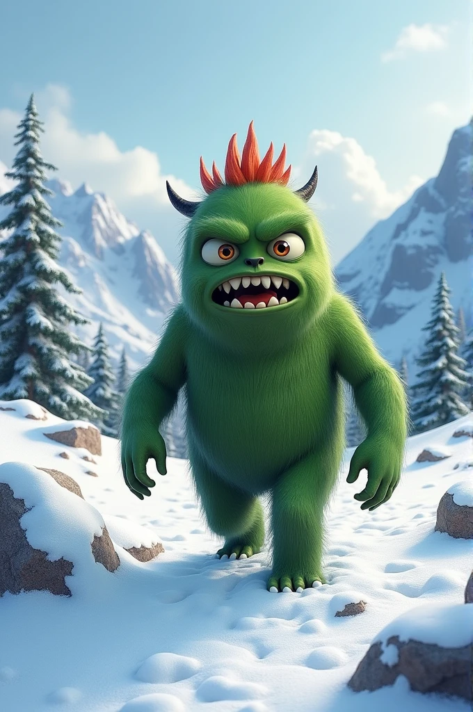 A half cactus half yeti walking in snowy mountains growling angrily ...