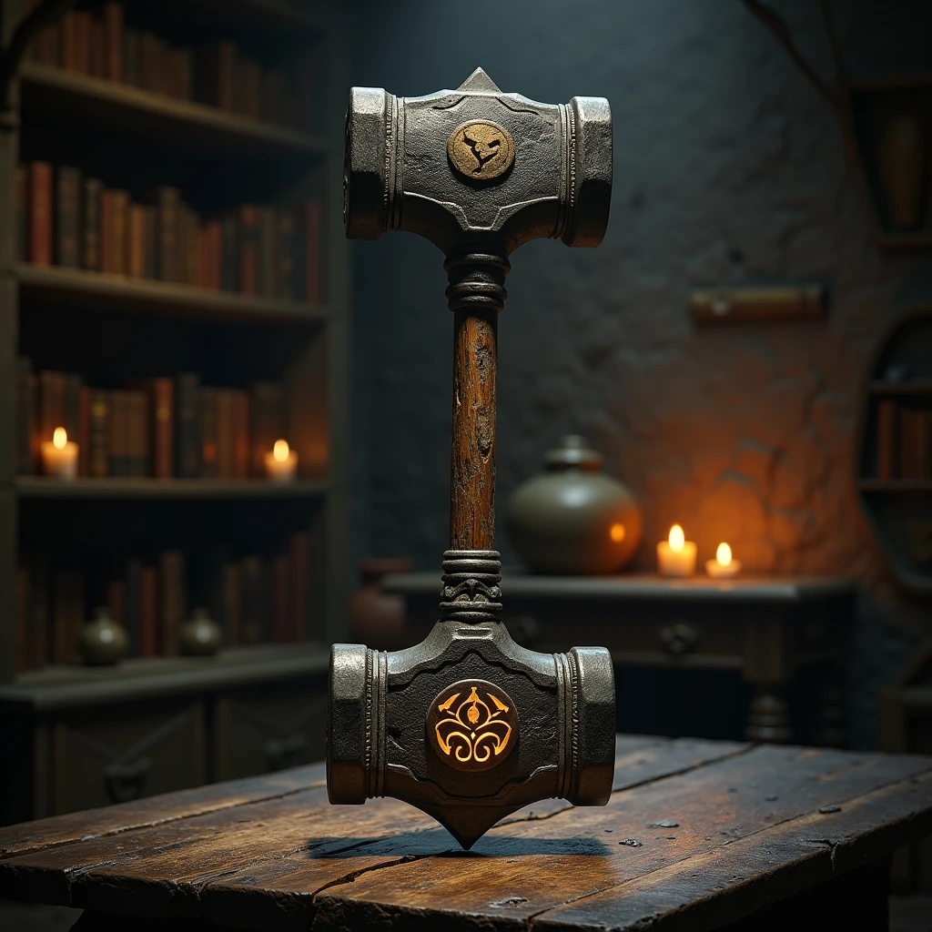 Create an image of an ancient, weathered hammer with a long, wooden ...