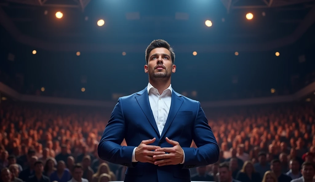 A man speaking at a crowded event, on stage. He is a young 27 - SeaArt AI