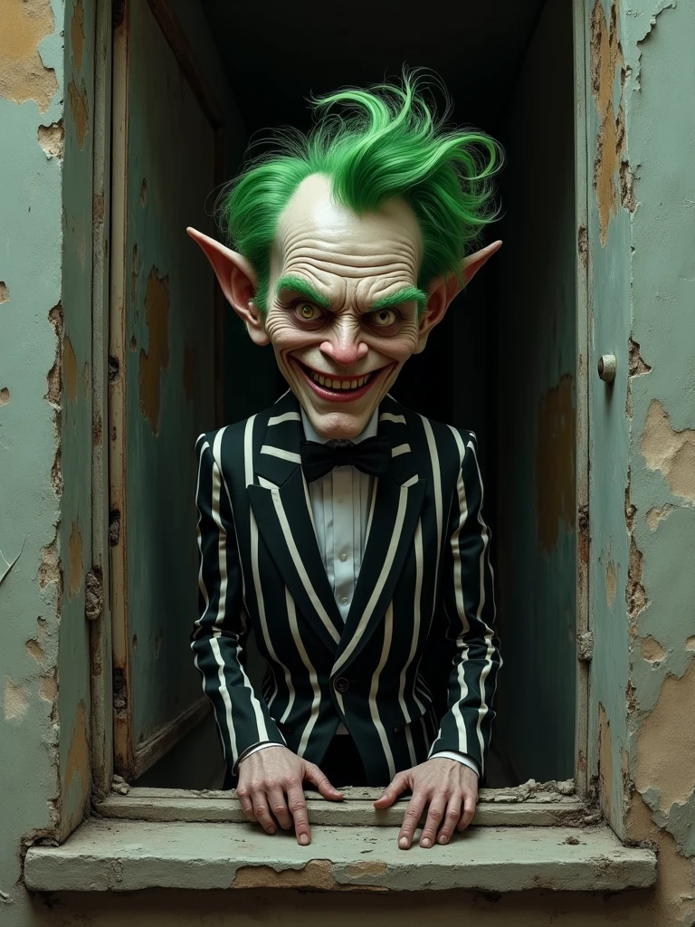 A man resembling Michael Keaton, pale skin, thin, elongated face ...