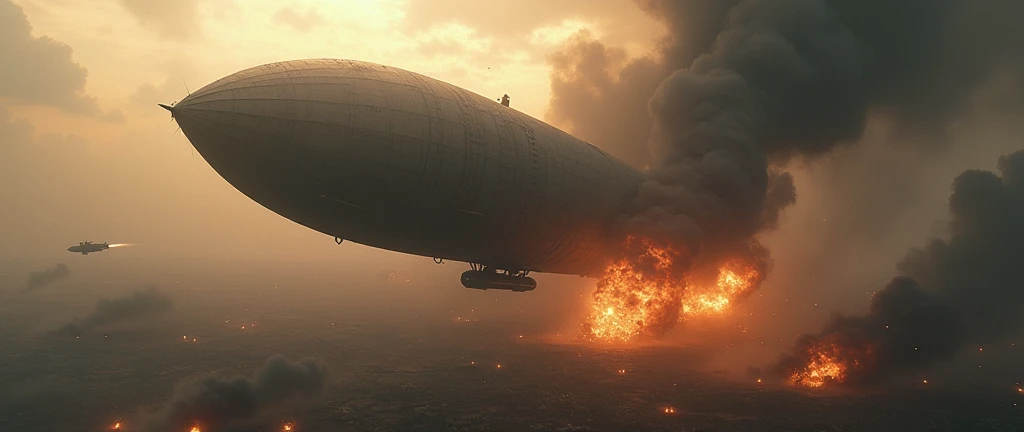 A zeppelin shooting at the battlefield. Aerial image , smoke and ...