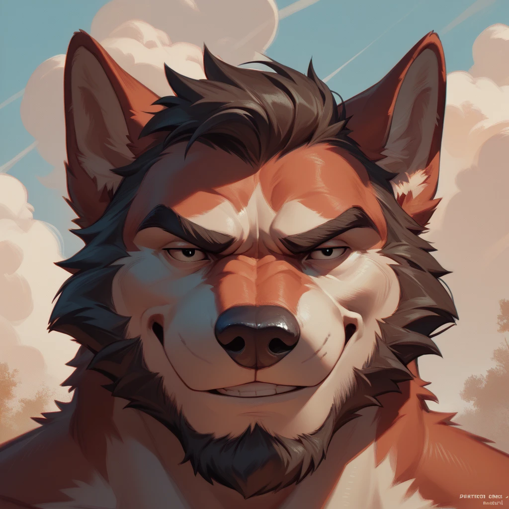 Portrait focus, 3/4 angle, an adult male husky, furry, confident smile ...