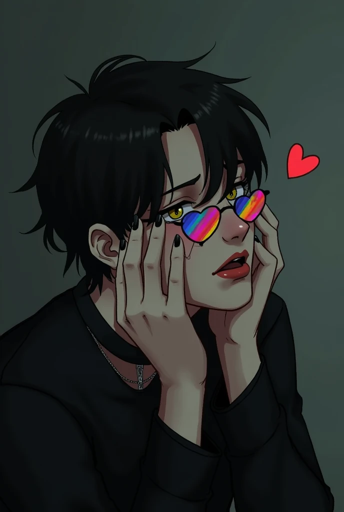 Exhausted, asian, goth, man, pale skin, black hair, yellow eyes - SeaArt AI