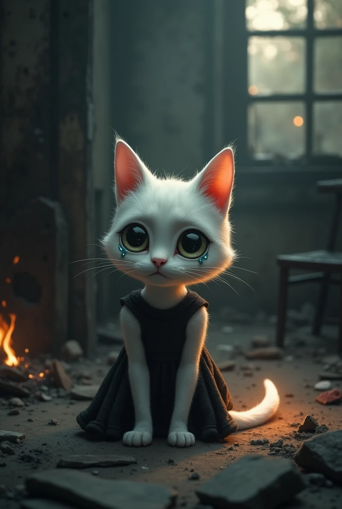 " An anthropomorphic white cat with big, sad eyes and tears streaming ...