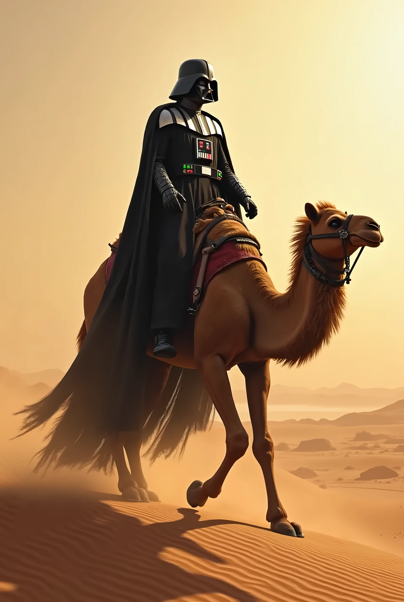 Darth vader riding a camel in the desert with a desert background ...