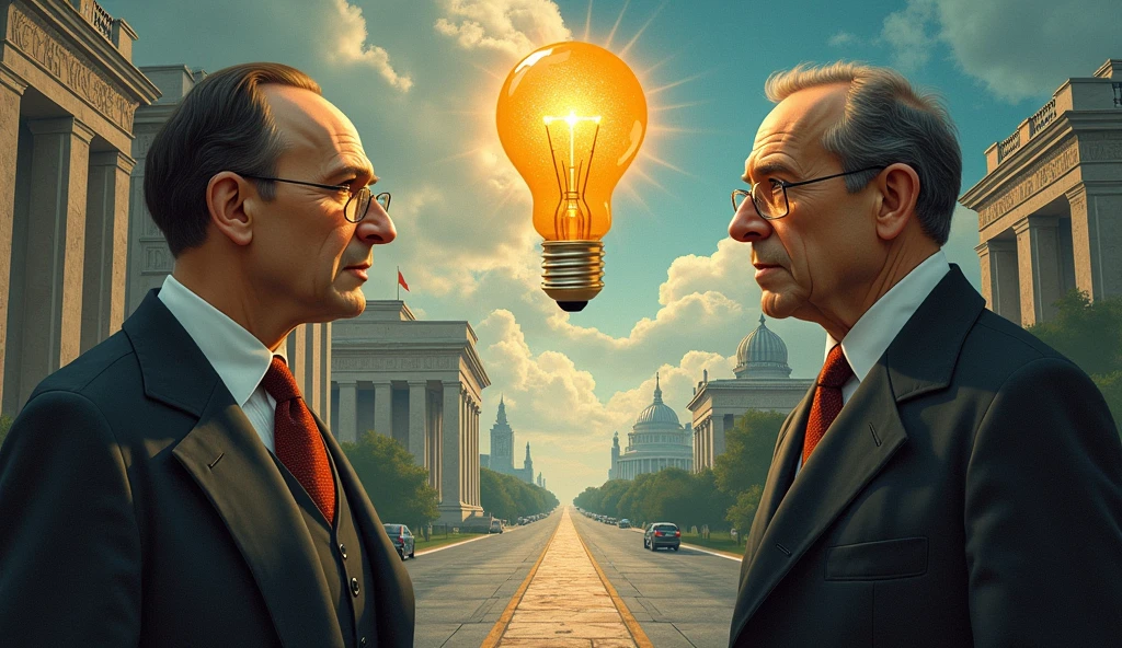 Create a visual juxtaposition with Keynes on one side promoting ...