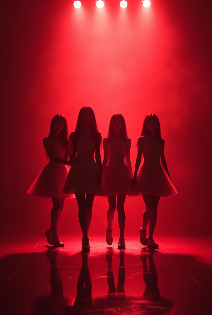 There are 4 girls in costumes and dresses , they are a red stage and ...