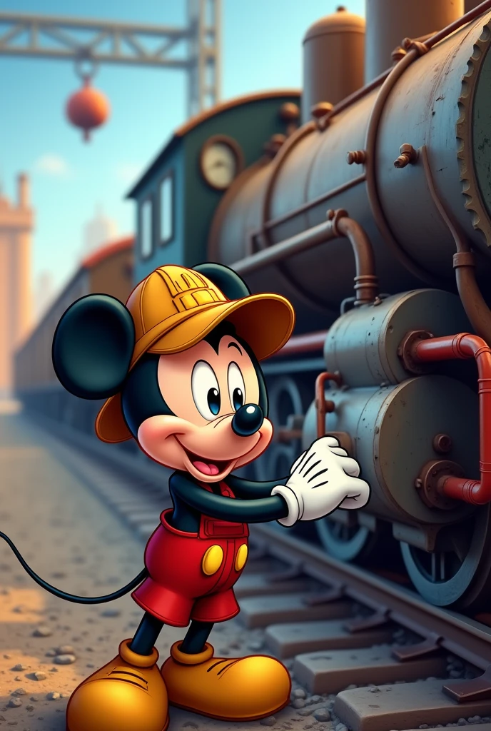 Mickey mouse cartoon with machinist hat showing his train - SeaArt AI
