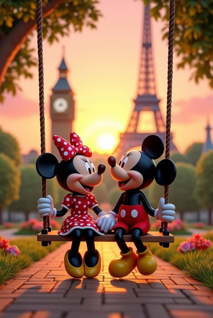 Minnie and Mickey Mouse sitting on a swing , at sunset, With Big Ben in ...