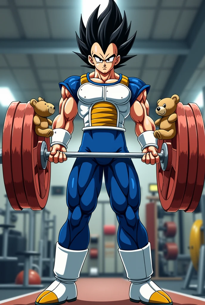 Vegeta from Dragon Ball Z working out , His weight is two teddy bears ...