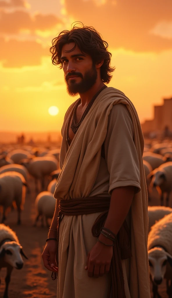 David tending his sheep at sunset, with a serene and confident ...
