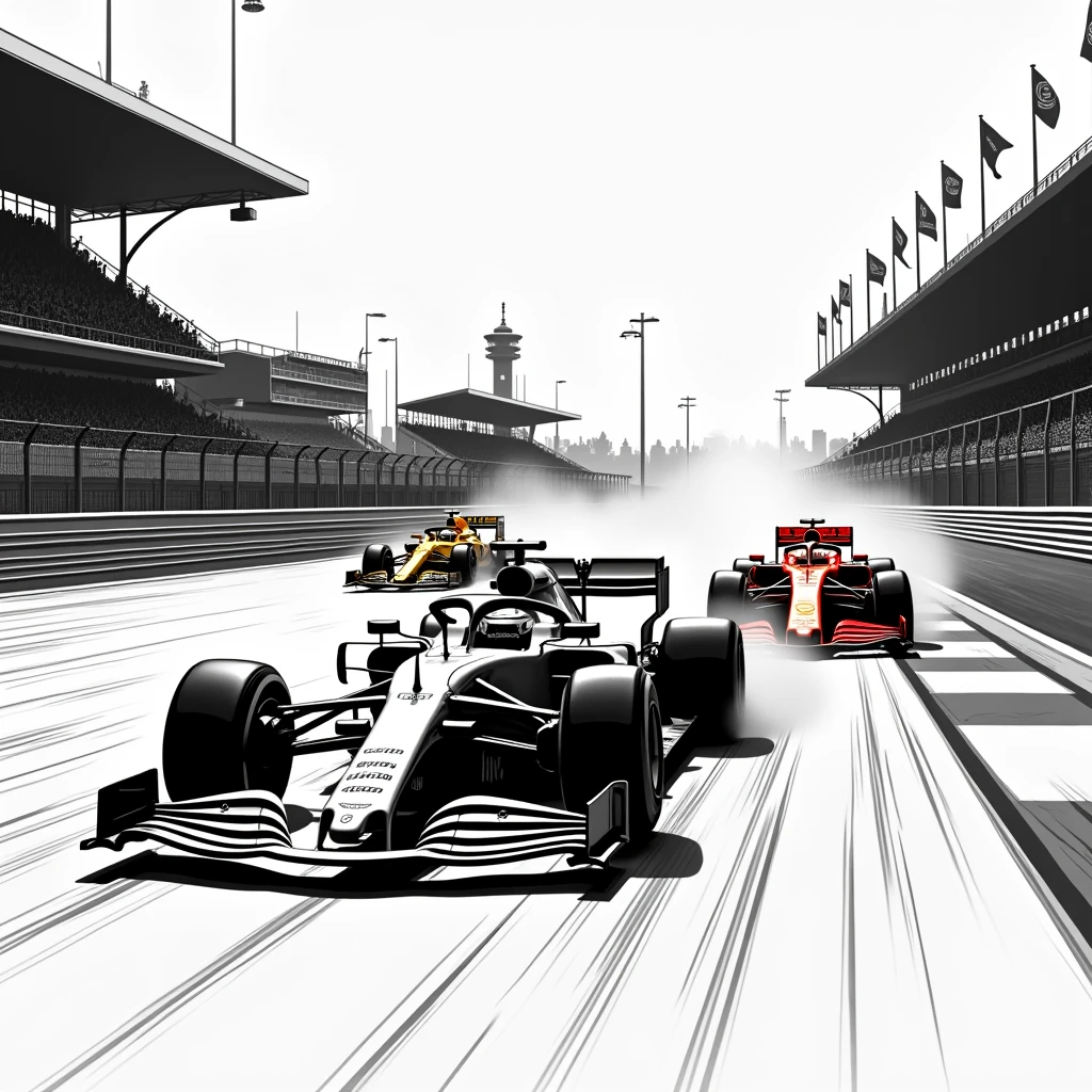 A drawing of a Formula One race with the outline of the drawing in ...
