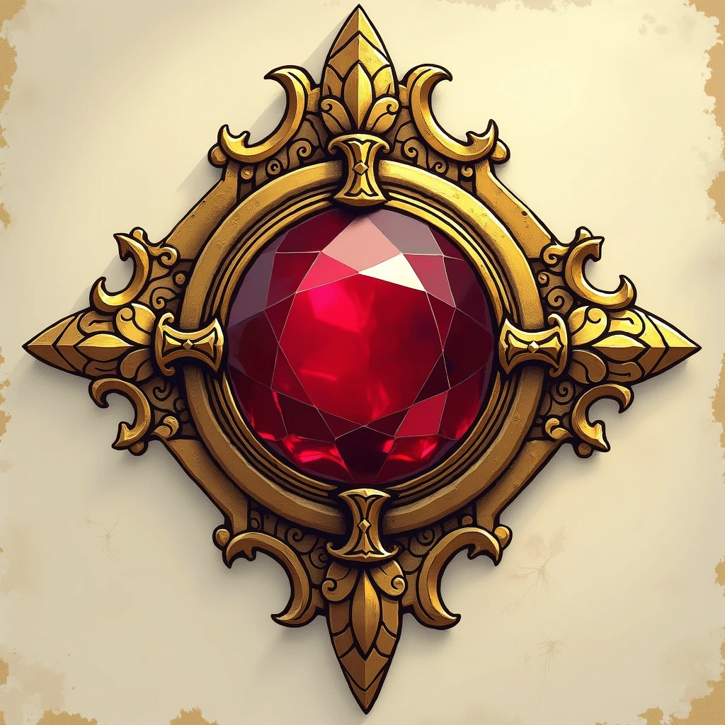 Draw a golden , rustic, medieval, with a shiny ruby stone in the center ...