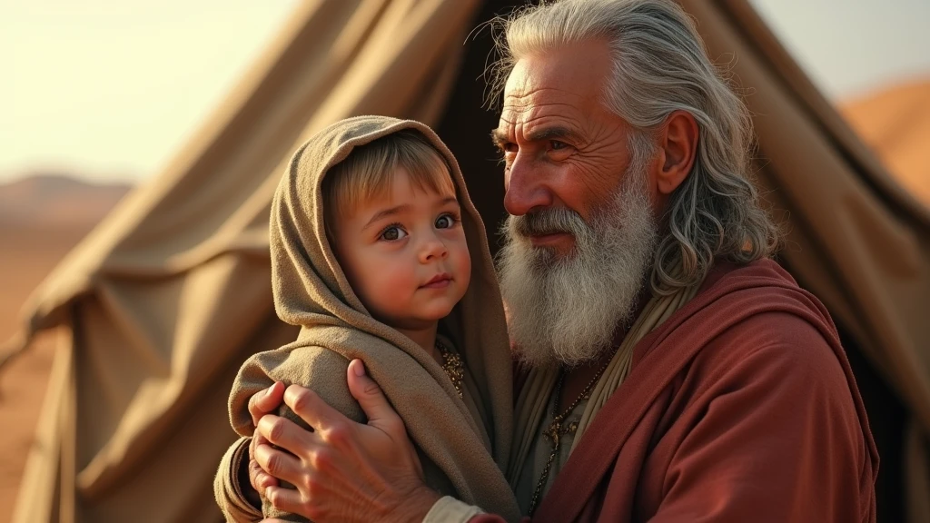 A scene showing Sarah of advanced age holding Isaac in her arms while ...