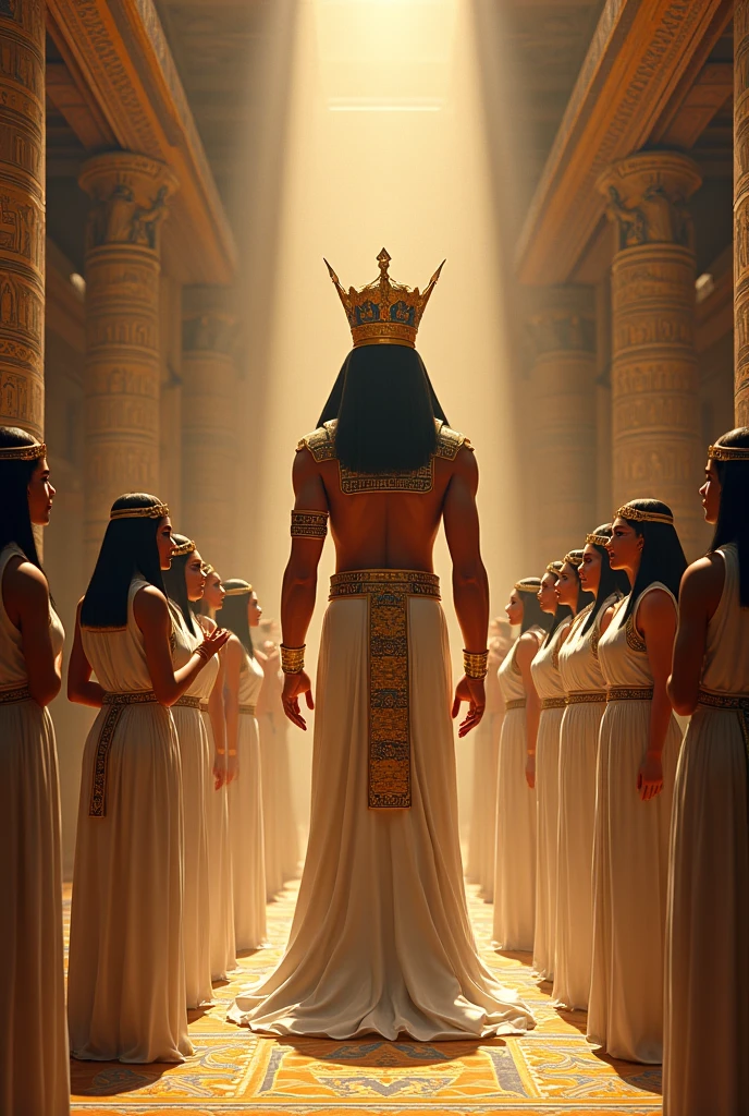 Ramesses II, a towering figure with a majestic crown, stands in a grand ...