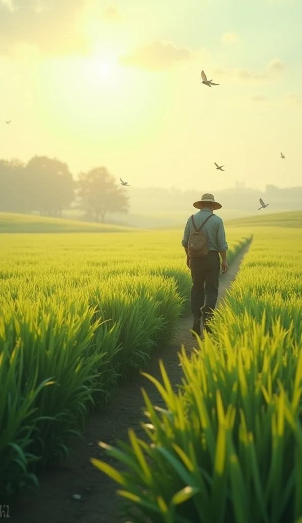 Background: morning. Focus: morning me khet me ghumta ek farmer - SeaArt AI