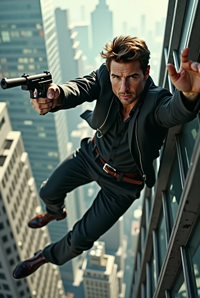 Tom Cruise shooting with a gun while hanging from a building looking at ...