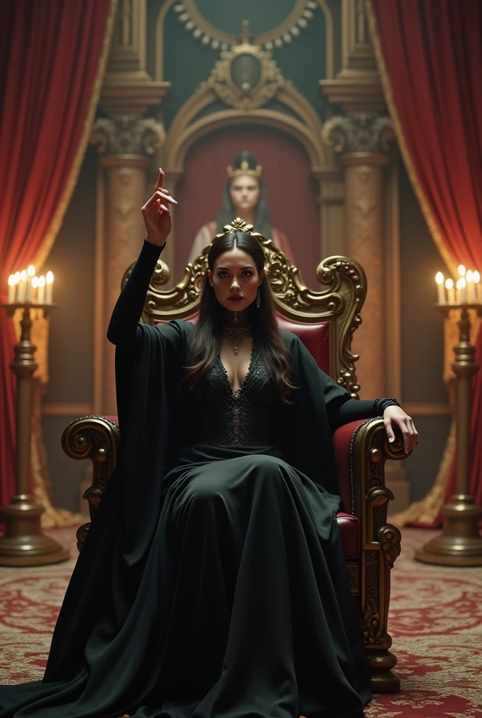 A confident widow standing firmly with one hand raised, addressing a grand king - SeaArt AI