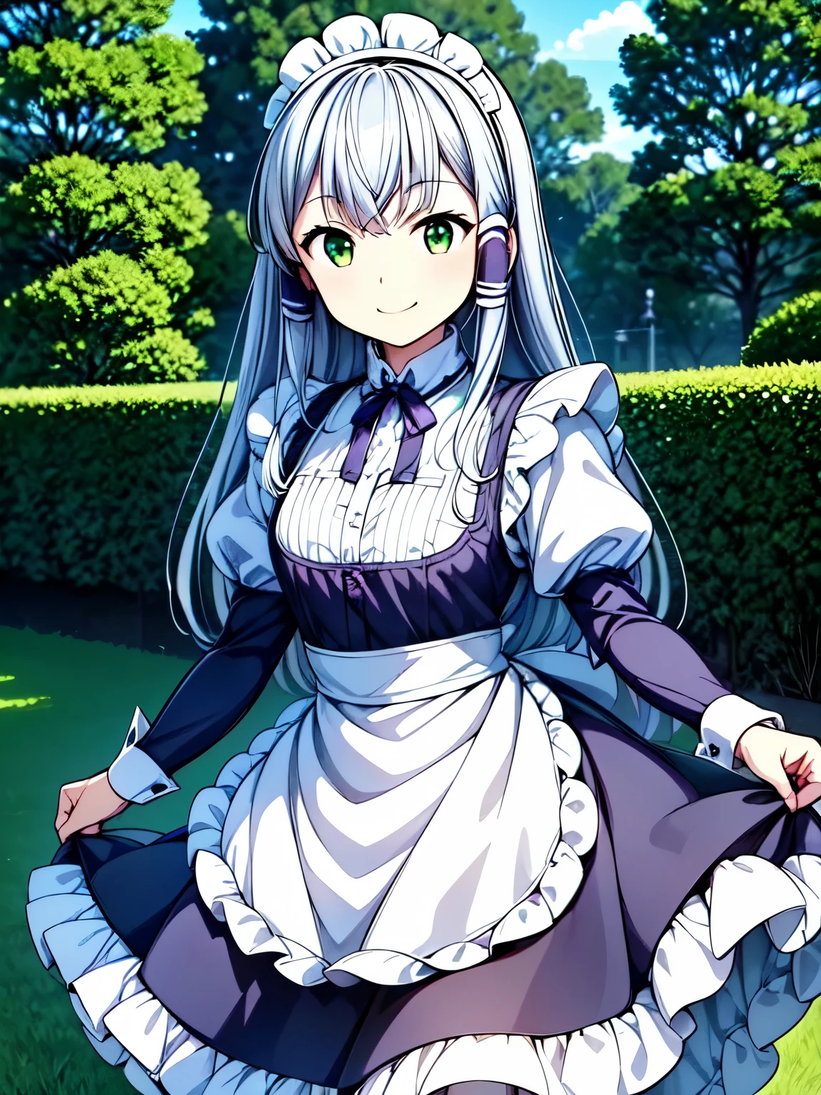 Anime character dressed in maid outfit standing in front of a hedge ...