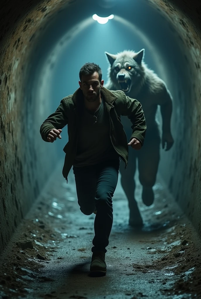 A man running in an underground tunnel and behind him a werewolf ...