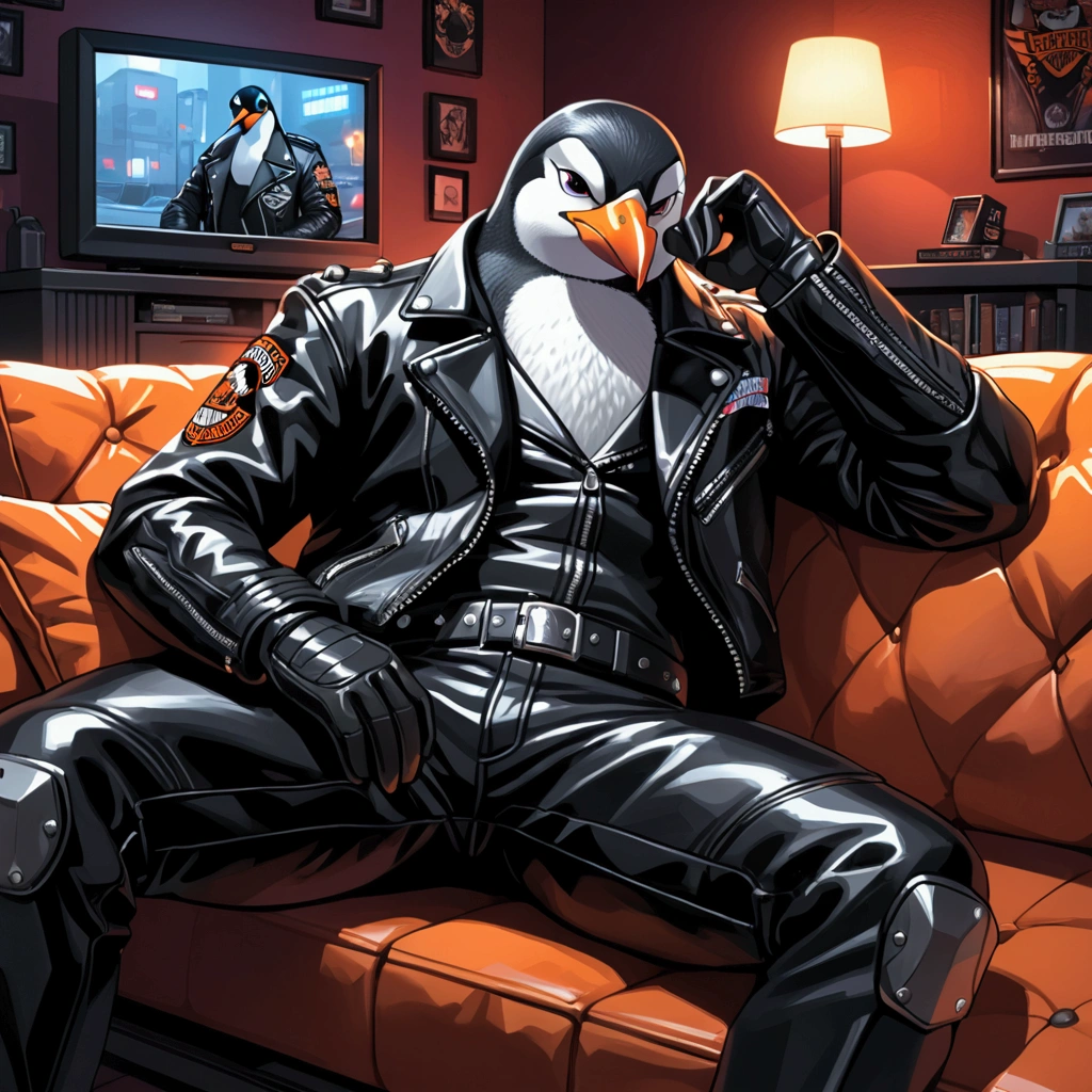 Closeup, anime art style, An extremely badass anthropomorphic penguin ...