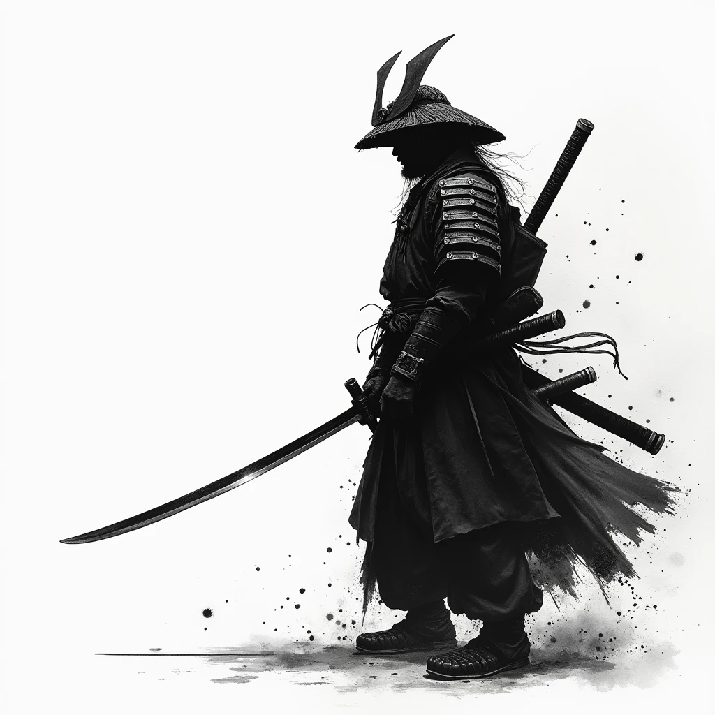 Samurai and Kosode,black,draw in black on a white background - SeaArt AI