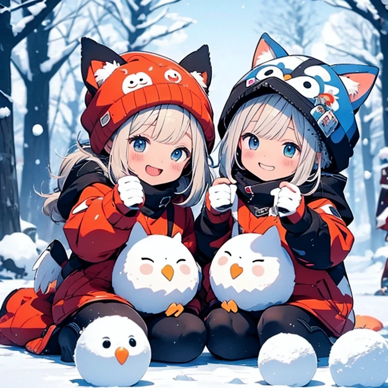 Masterpiece、Snow-covered town、Two girls personifying baby owls - SeaArt AI