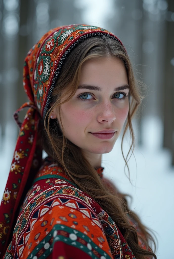 Russian woman in folk costume against the background of a snowy forest ...