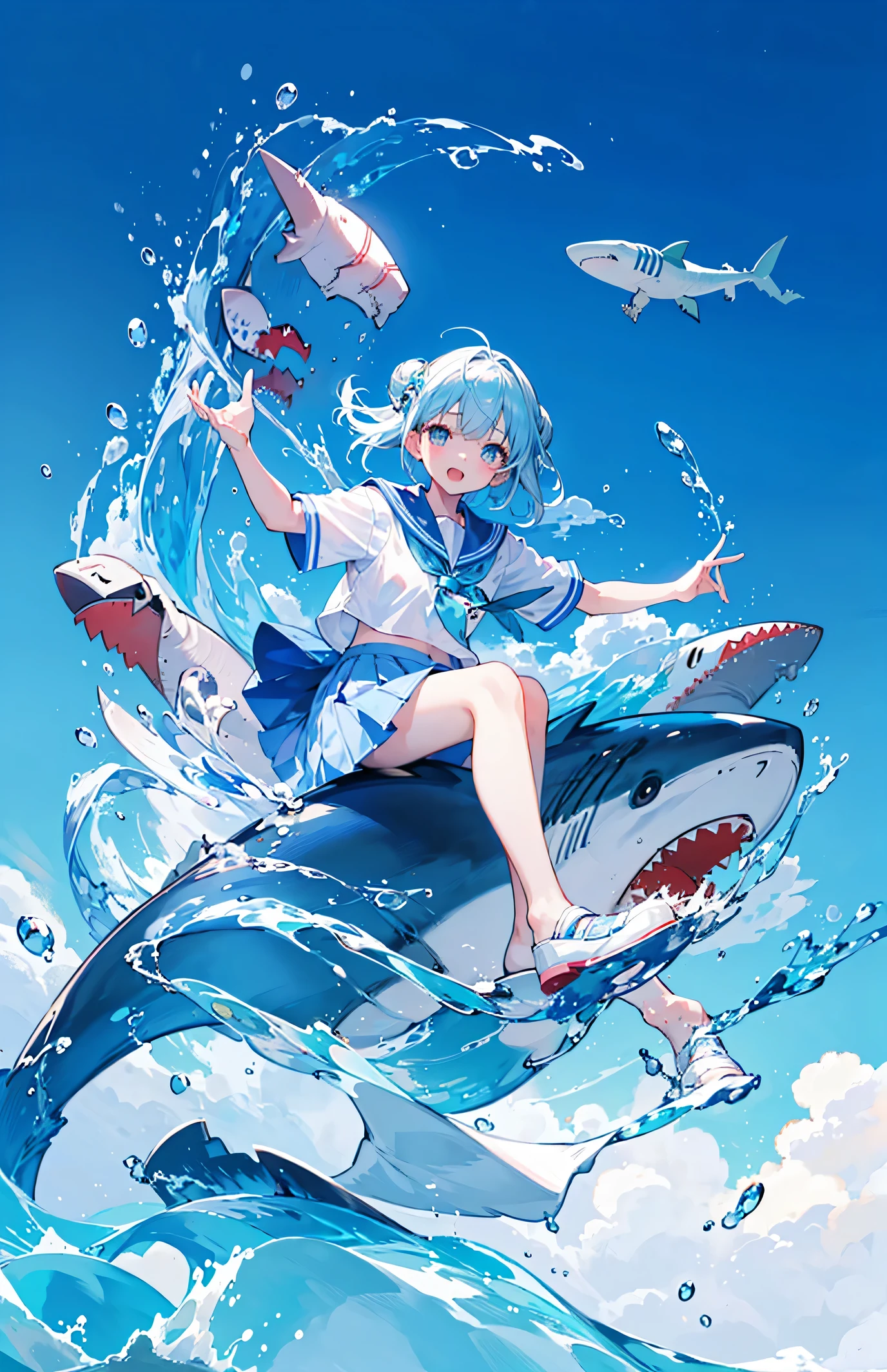 Anime girl riding a shark with sharks in the background（gawr gura ...
