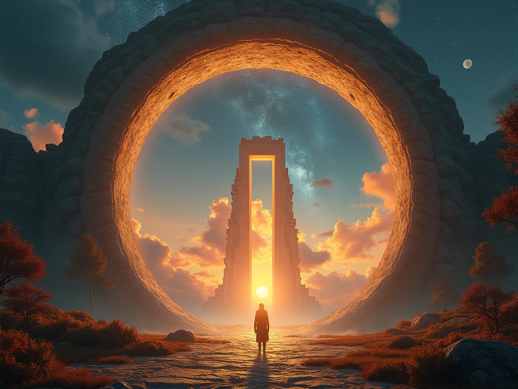 A surreal fantasy scene featuring a giant keyhole-shaped portal opening ...