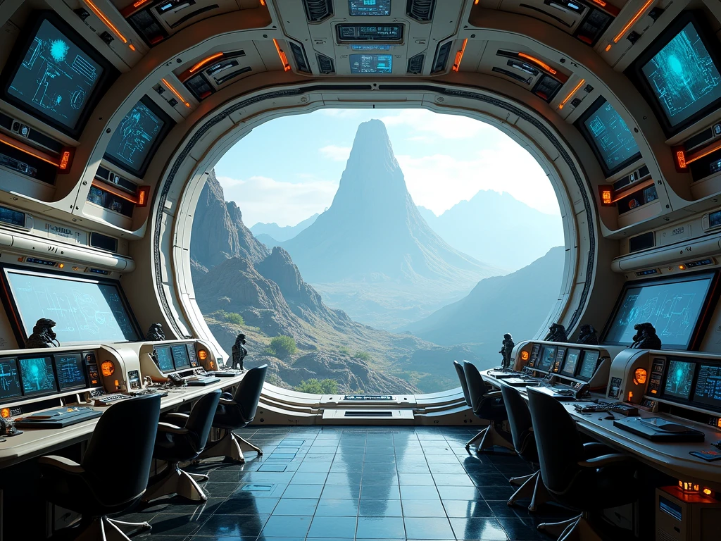 Exterior of a spaceship. Through the windows you can see the landscape ...