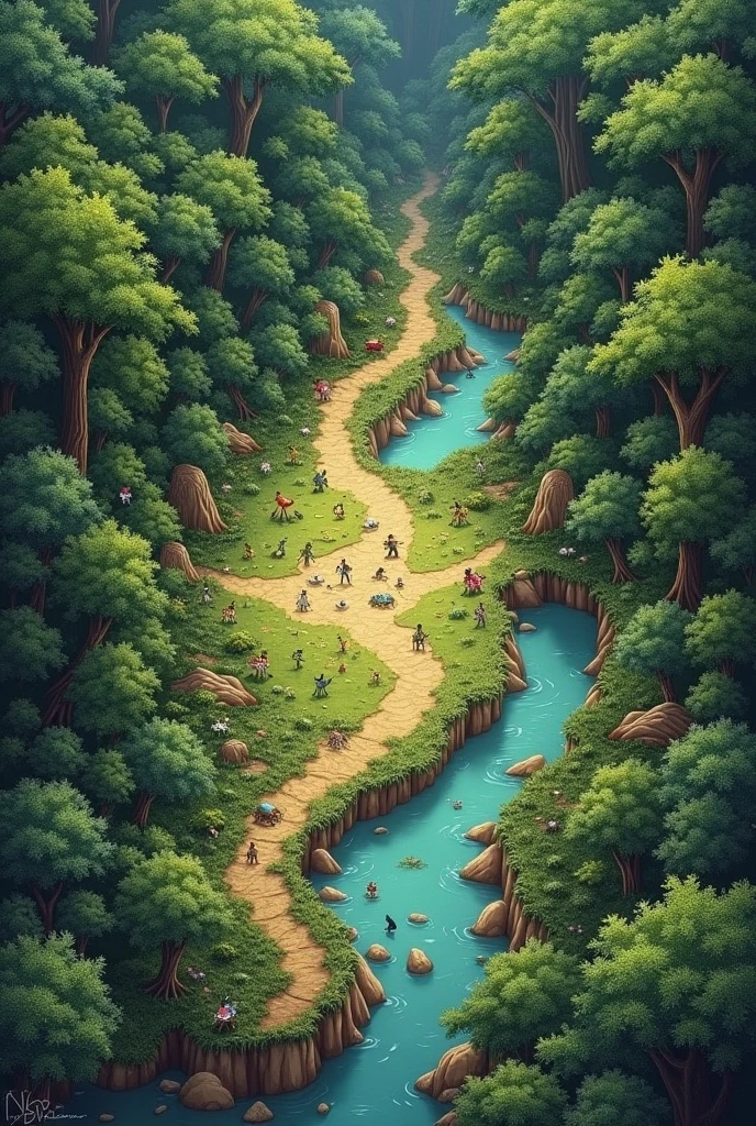 Create a map of a dense forest with rivers, lagos, and a clearing ...