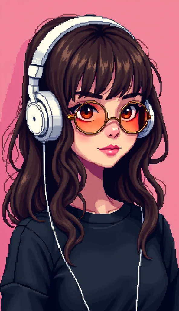 Draw main character in PIXEL ART woman with long wavy brown hair and ...