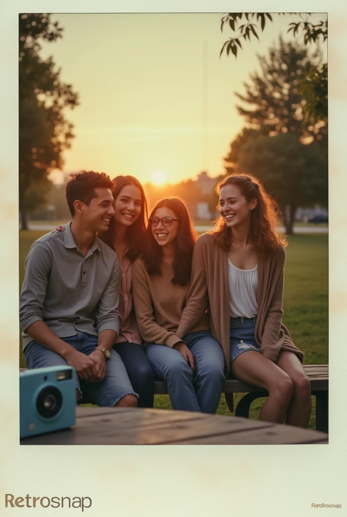 Photo Description: A Polaroid-style photo of a group of friends ...