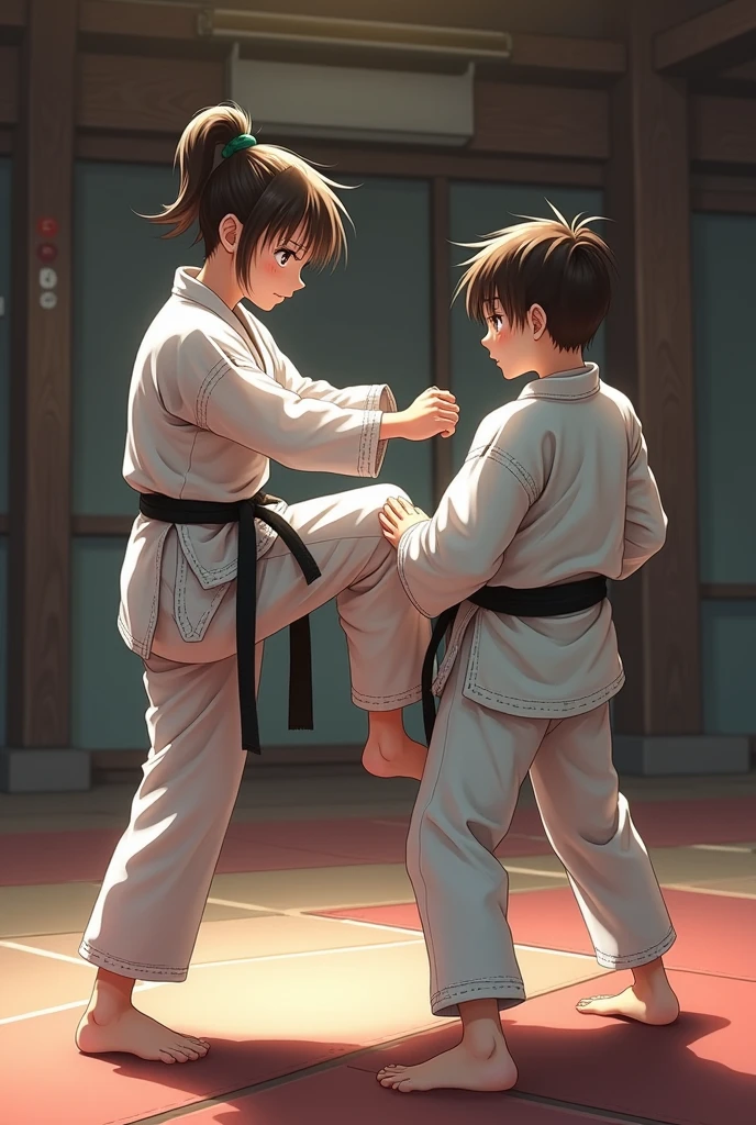 A girl kneeling the balls (between the legs) Of a boy at karate ...